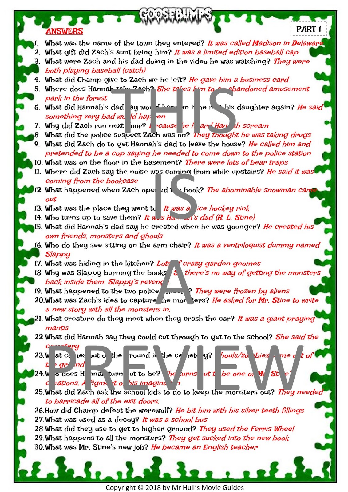 Goosebumps Movie Guide + Activities - Answer Key Included (Color + B&W ...