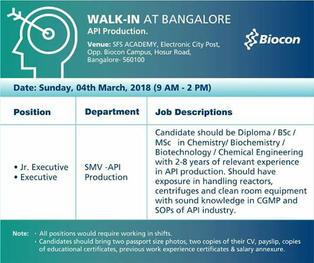 Walk in for API Production for Biocon on 4th Mar 2018