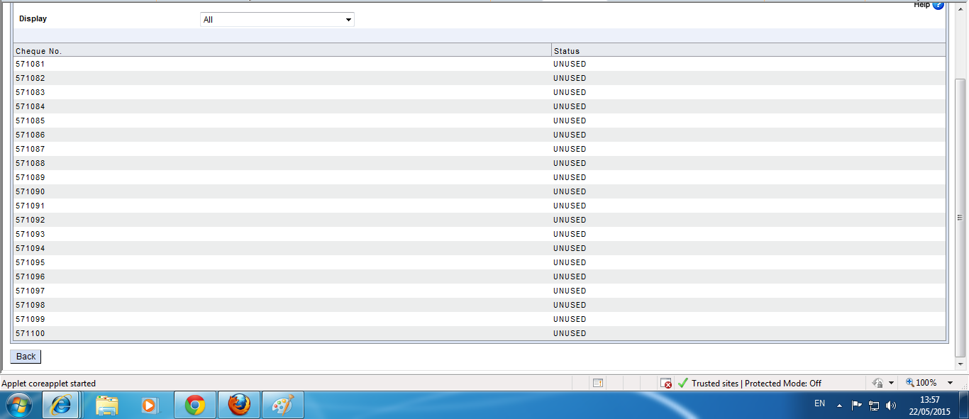 Cheque Leaf Status of SBCHQ account in DOP Finacle