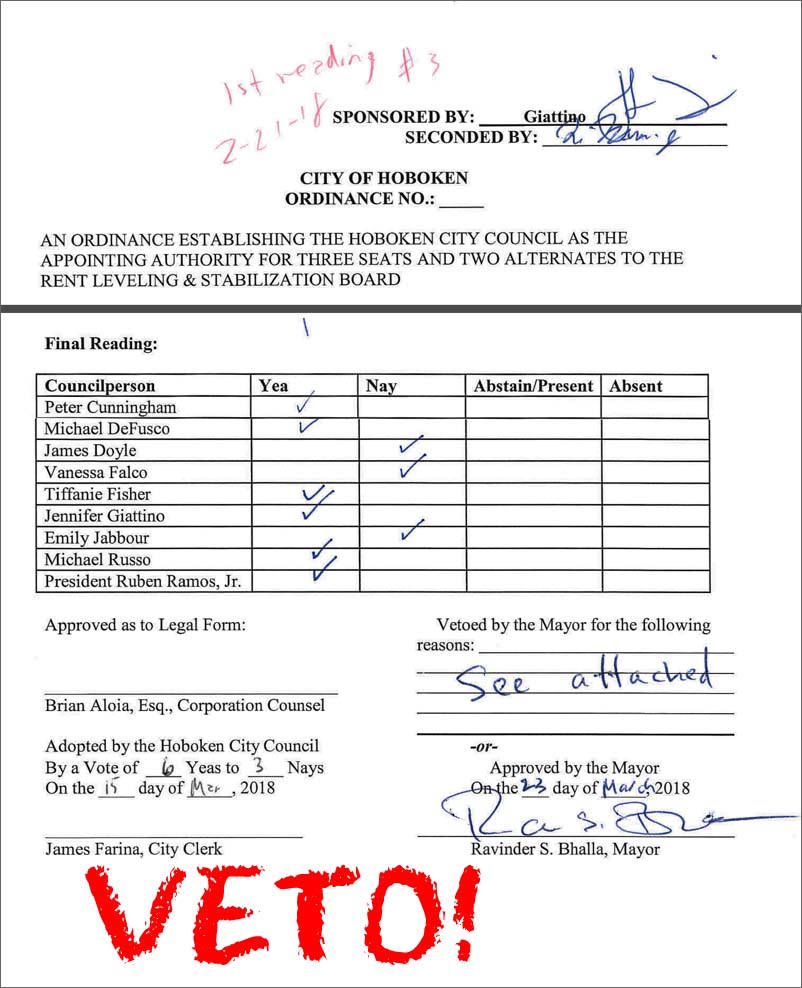 VETO! "Ordinance is an improper attempt to strip you of your power..."