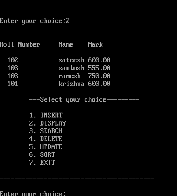 C Language: Student file to insert,display,delete,update,sort records using C