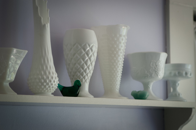 Pleasant View Schoolhouse: Shelf Full of Milk Glass