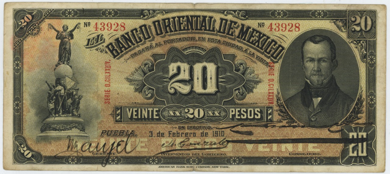 Mexican banknotes 20 Pesos banknote 1910 Banco Oriental de Mexico|World ...