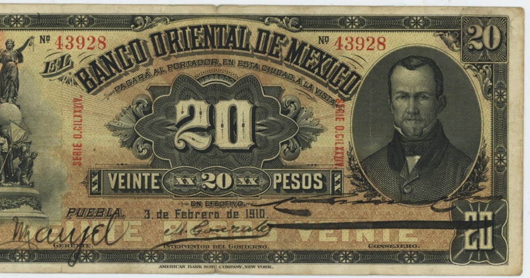 Mexican banknotes 20 Pesos banknote 1910 Banco Oriental de Mexico|World ...