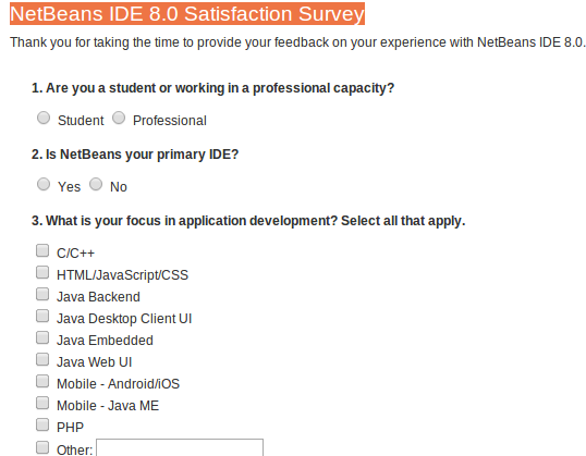 NetBeans IDE 8.0 Satisfaction Survey