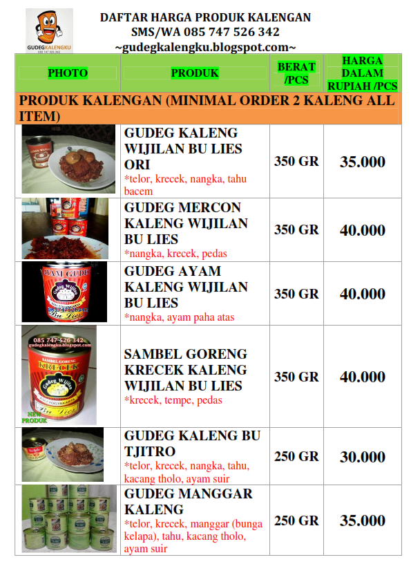 DAFTAR HARGA GUDEGKALENGKU ~ GUDEG KALENG JOGJA