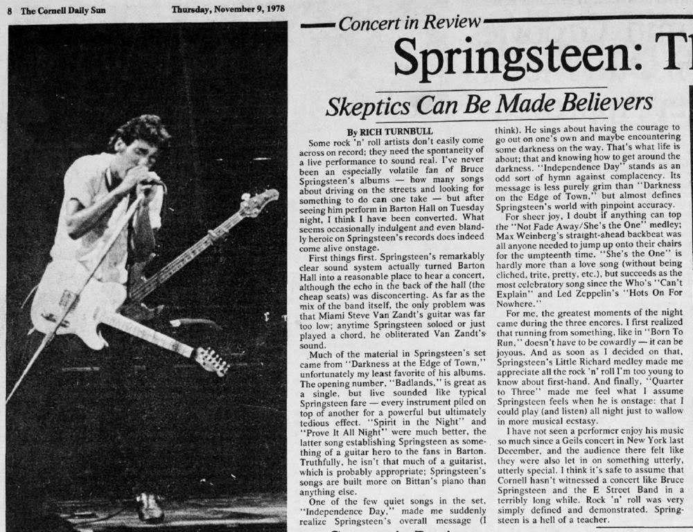 Rock & Roll Newspaper Press History: Bruce Springsteen - The Cornell ...