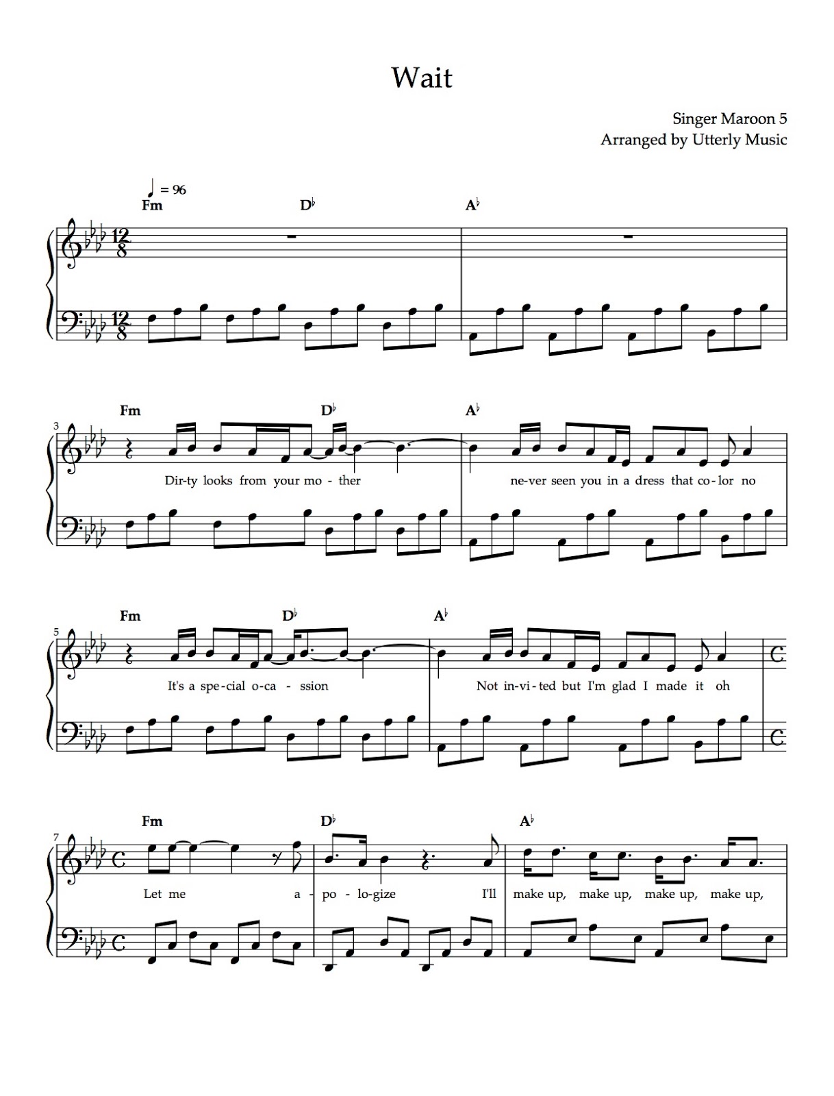 Utterly Music: [Piano Scores] Wait by Maroon 5