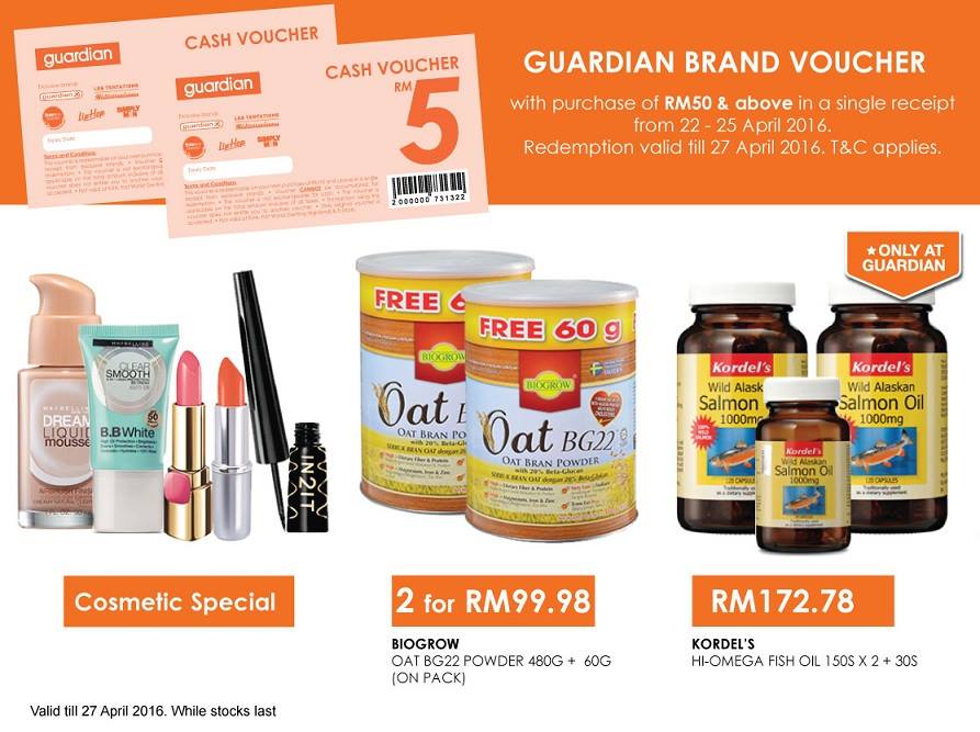 Guardian 消费满RM 50，可获得RM 5折扣券