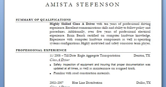 Class A Driver Sample Resume Format in Word Free Download