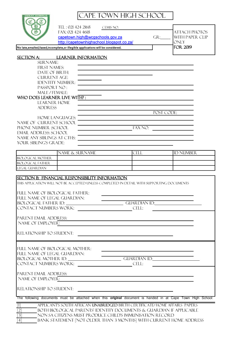 Cape Town High School: CTHS Application Forms & Info for 2019 - 5 Feb '18