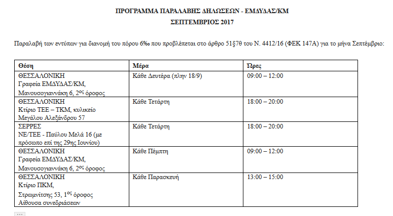 Ε.Μ.Δ.Υ.Δ.Α.Σ. / Κ.Μ.: Πρόγραμμα συλλογής δηλώσεων 6‰