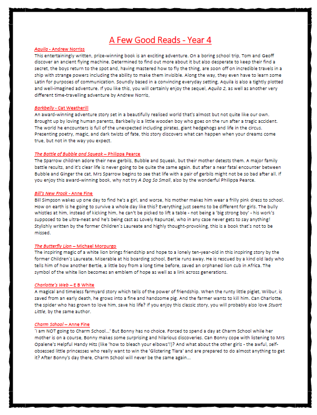 Year 4 Homework: Reading Lists and Information
