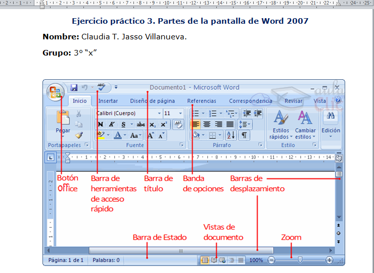Identifica las partes de la pantalla de word.
