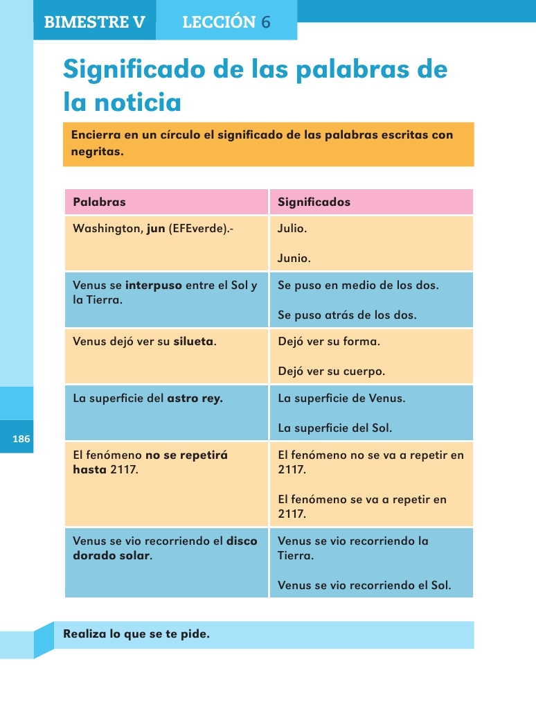 Significado de las palabras de la noticia - Bimestre V - Lección 6