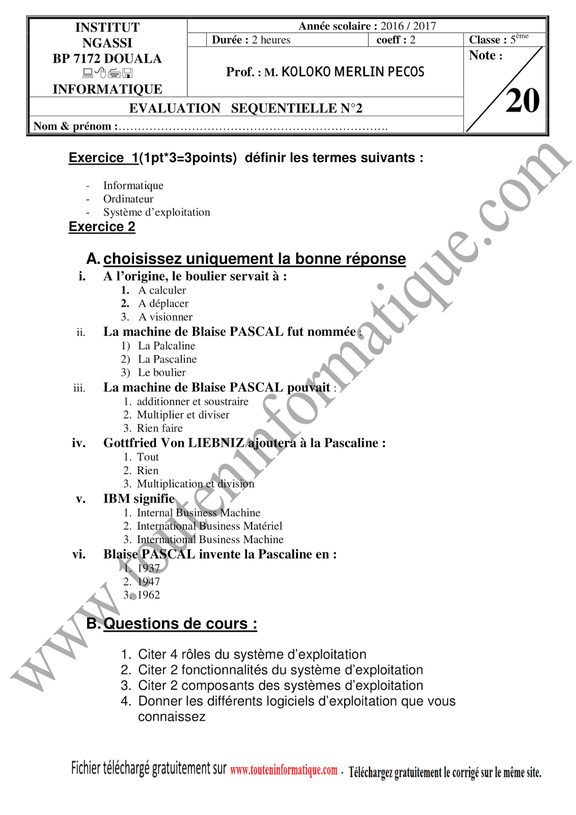 épreuve informatique classe 5ème 2016-2017