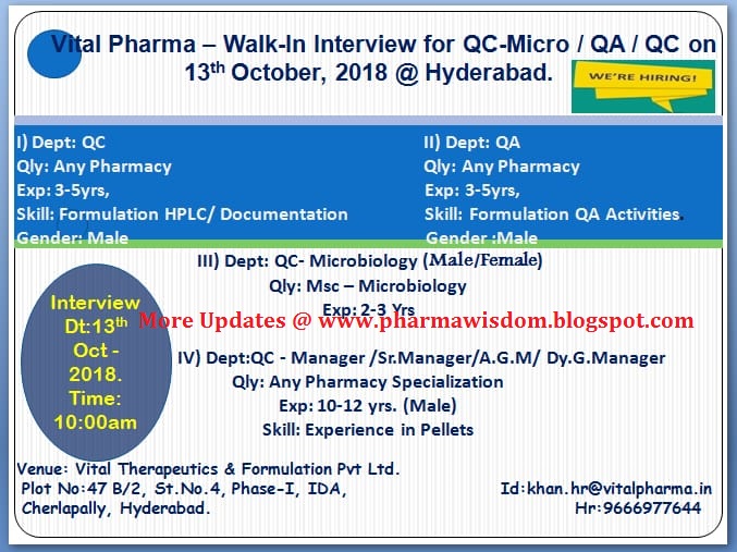 Vital Pharma - Walk-Ins for QA / QC QC-Micro on 13th October, 2018 ...