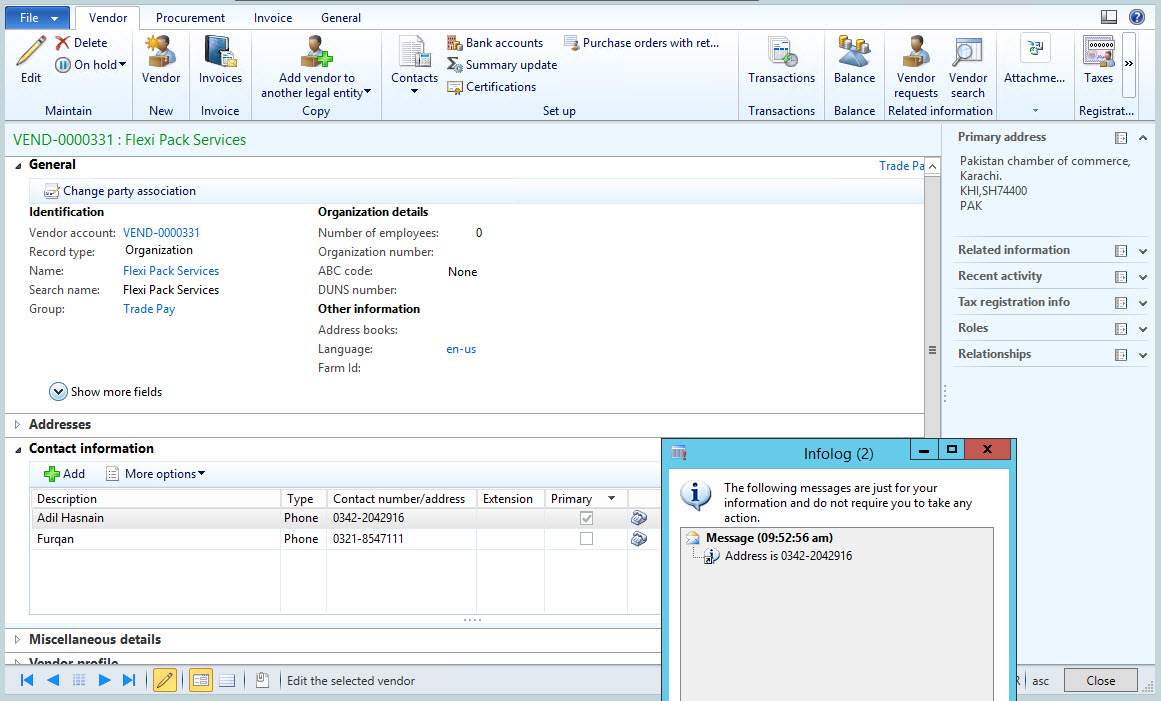 Microsoft Dynamics AX - The Definitive Guide: AX 2012 - How to get Vendor contact information in ...