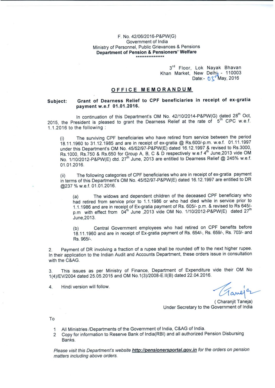 Grant of Dearness Relief to CPF beneficiaries in receipt of ex-gratia ...