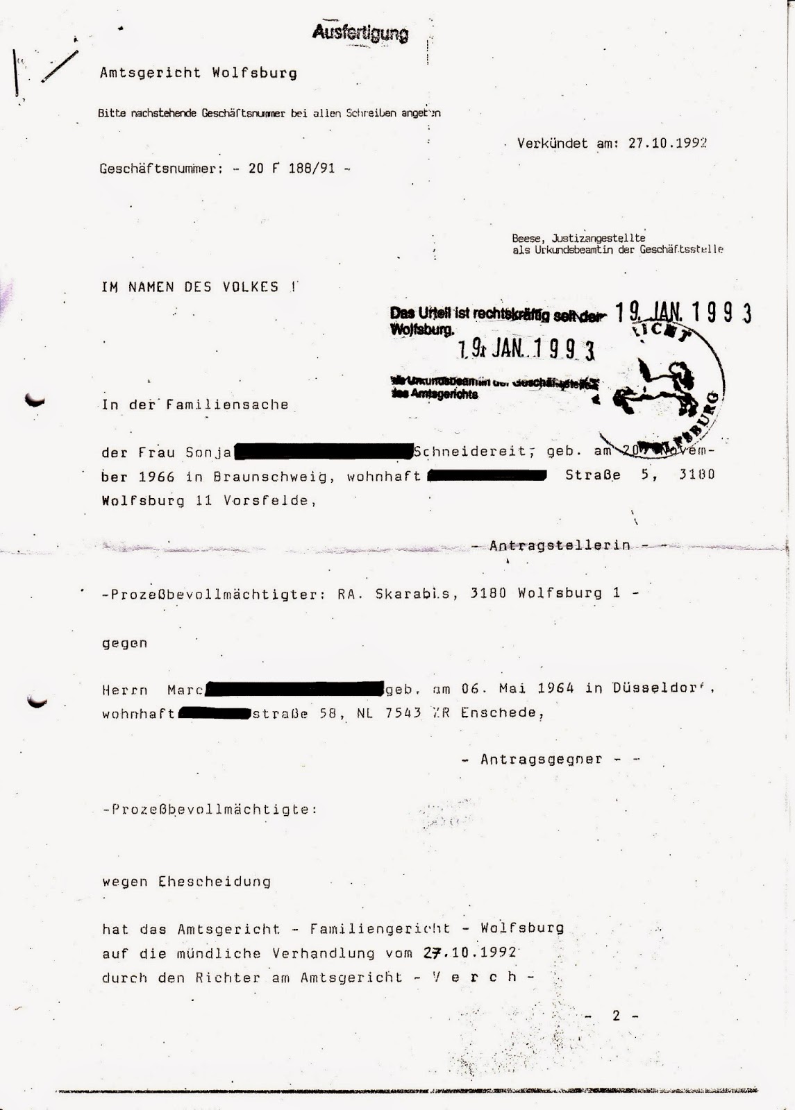 Scheidungsurteil Sonja Wasner Schneidereit Braunschweig 1992