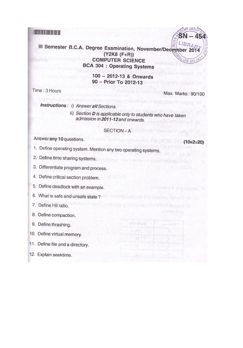 Bangalore University Operating Systems Bca 304 Computer Science University Question Papers
