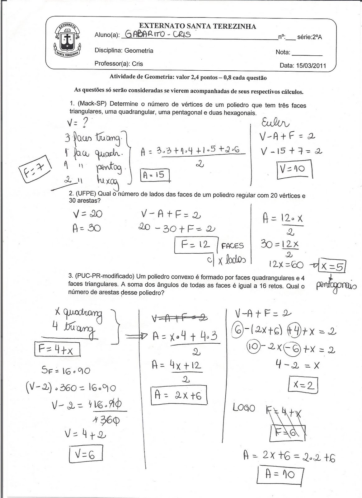 Cris Professora De Matemática E Geometria Prova De Geometria 2ºano