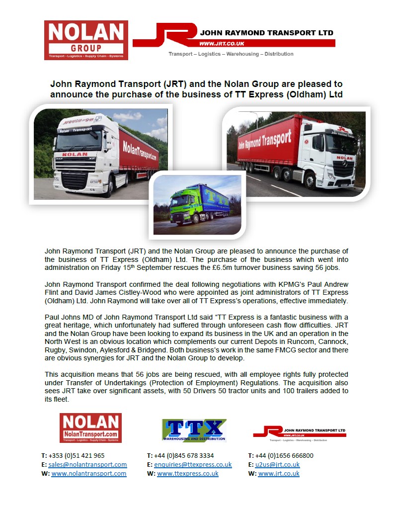 John Raymond Transport (JRT) and the Nolan Group are pleased to ...