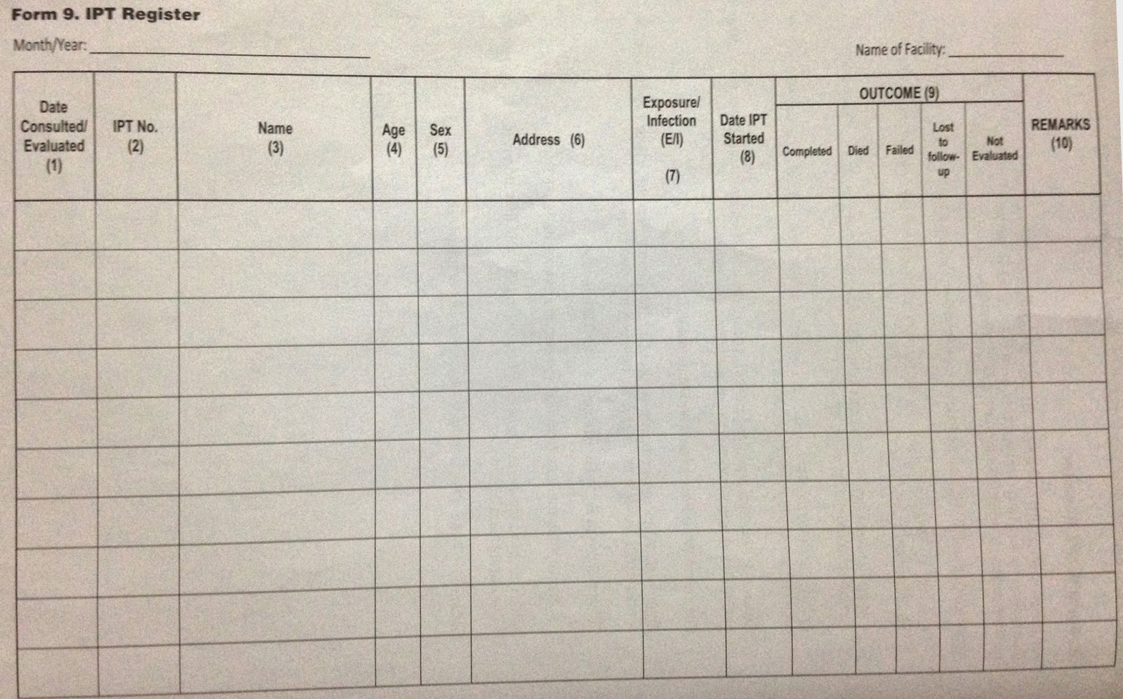 Public Health Resources: Form 9: IPT Register | NTP DOH 2014