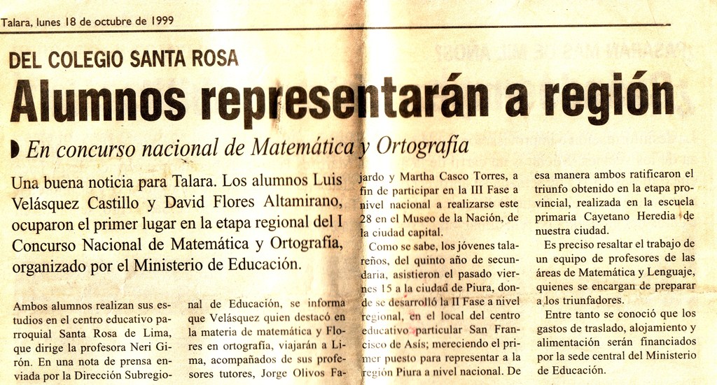 COLEGIO PARROQUIAL SANTA ROSA DE LIMA DE TALARA: RECORTES PERIODÍSTICOS ...
