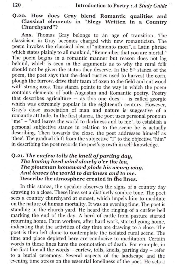 Short Questions with Answers (Elegy written in a country churchyard ...