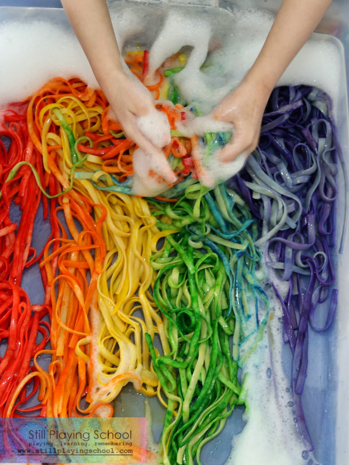 Rainbow Cooked Pasta Sensory Play with Foam Clouds | Still Playing School