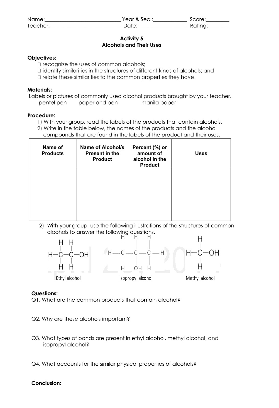 Science Concepts and Questions (K to 12): Organic Compounds Activities
