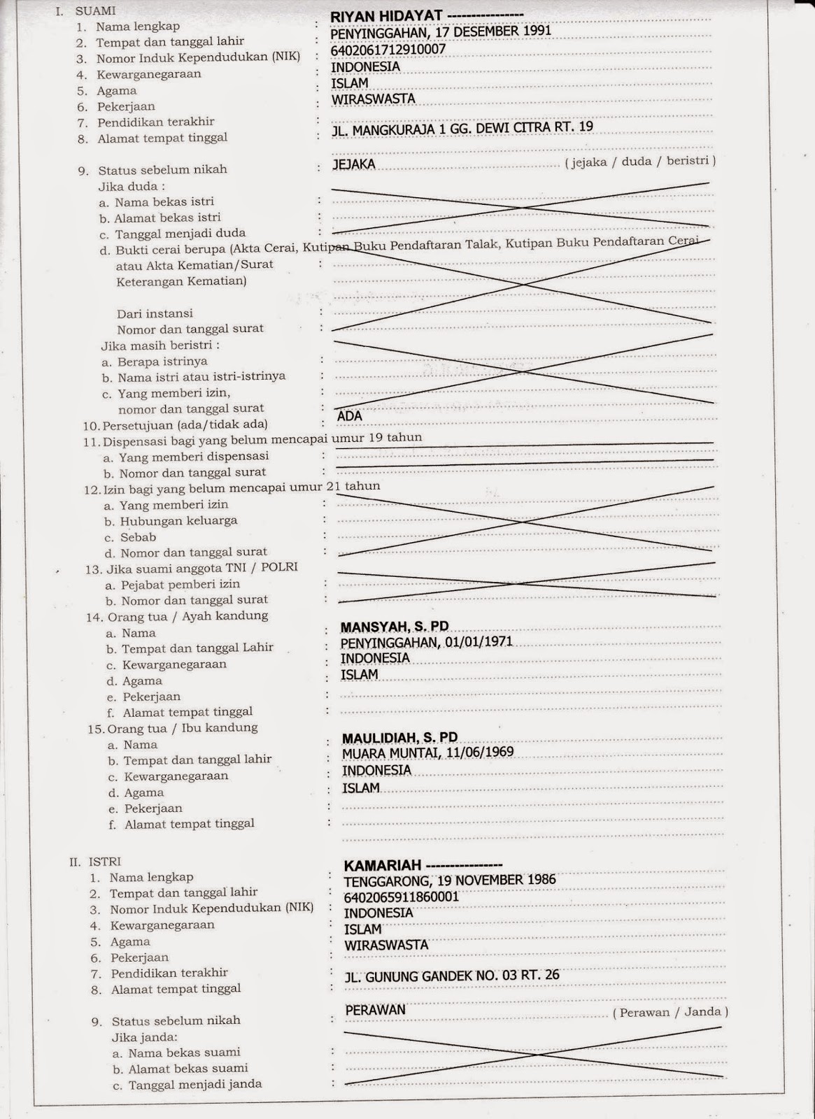 Hasil print out AKTA NIKAH dengan SIMKAH ~ KUA Tenggarong