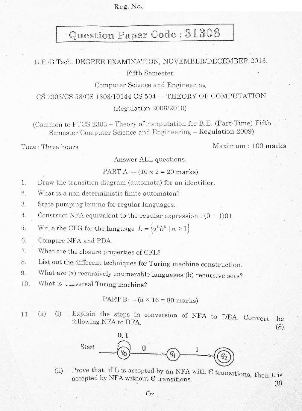 Cs2303 Theory Of Computation Be Cse 5th Semester Nov Dec 2013 Question Paper University