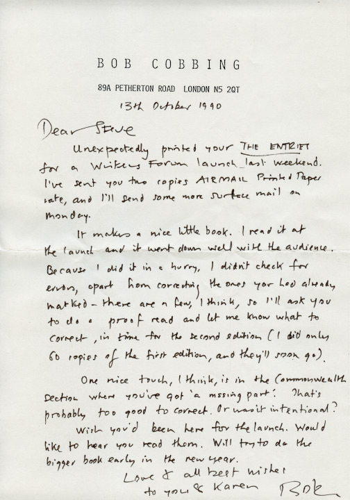 Artists' Books and Multiples: To Steve McCaffery from Bob Cobbing