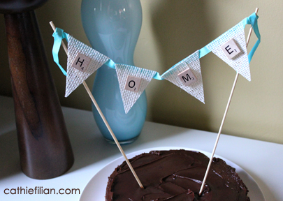 Cathie Filian: DIY: Cake Bunting with Scrabble Tiles and Burlap