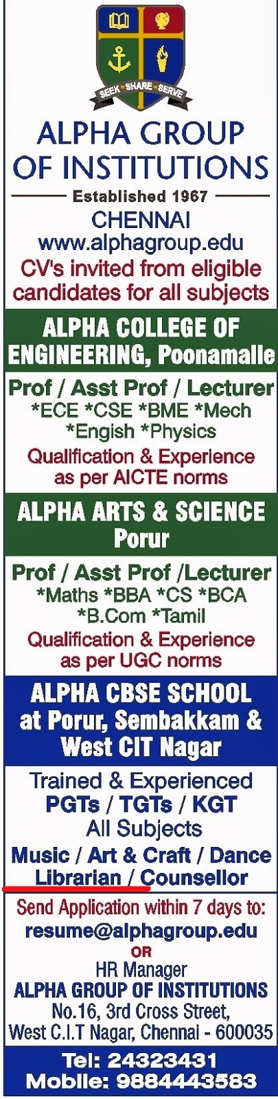 The Library Soup : Librarian Vacancy in Alpha Group of Institutions ...