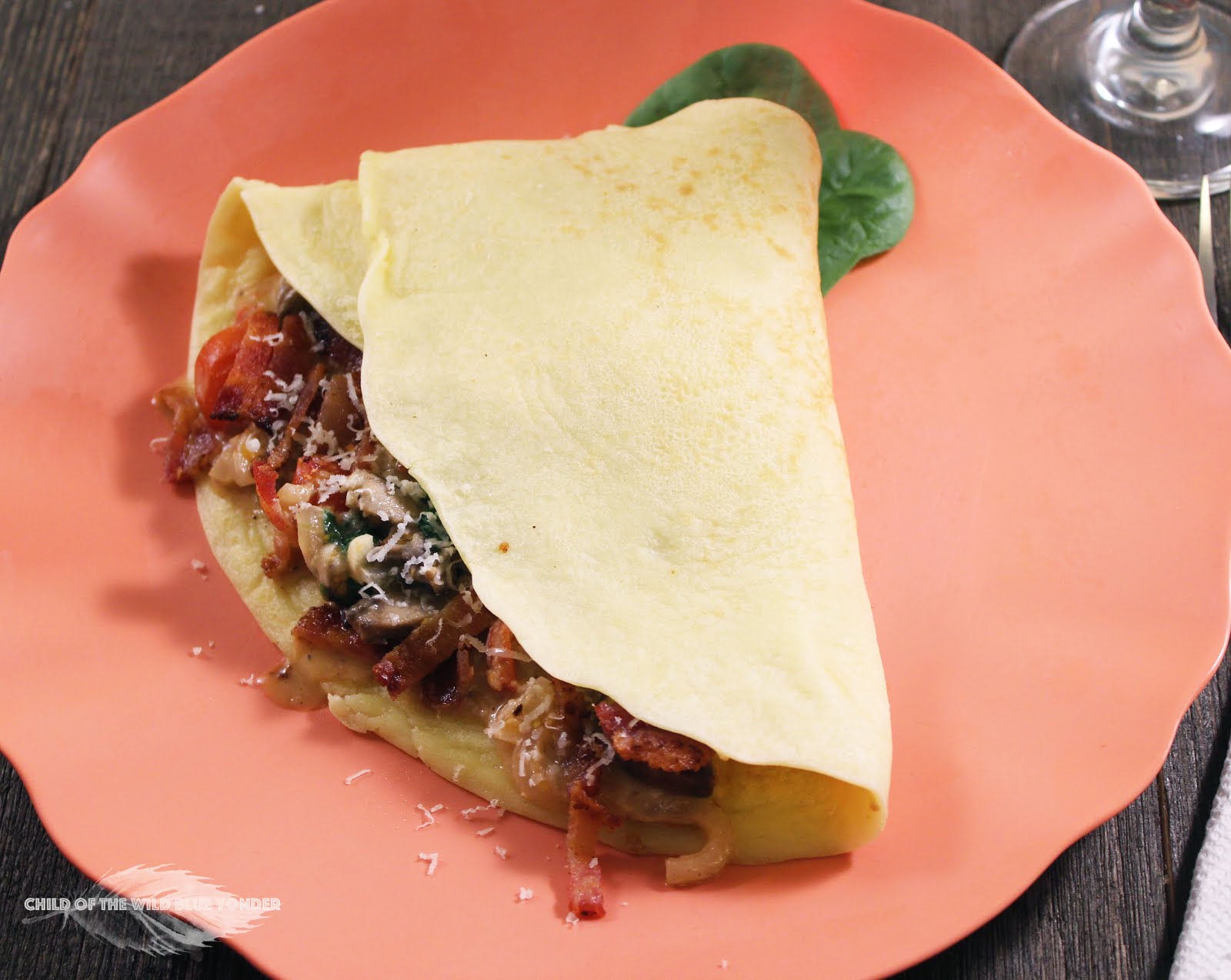 Hearty Asiago, Mushroom, and Bacon Crepe - Child of the Wild Blue Yonder