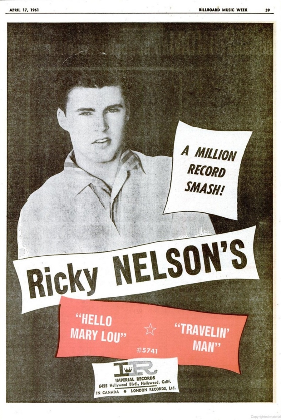 Rock & Roll Newspaper Press History: Ricky Nelson - "Hello Mary Lou ...