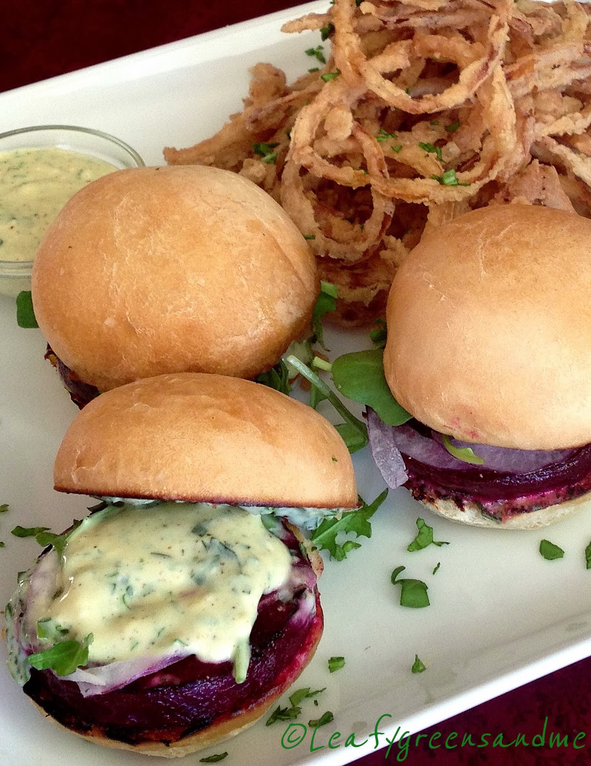 Beet Sliders with Dill Aioli and Crispy Onion Strings | Leafy Greens and Me