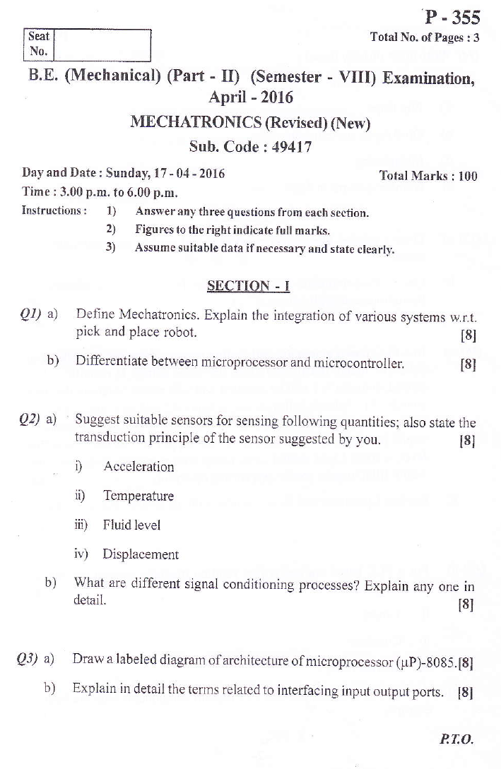 SU B.E Mechanical Mechatronics April 2016 Question Paper - University Question Papers