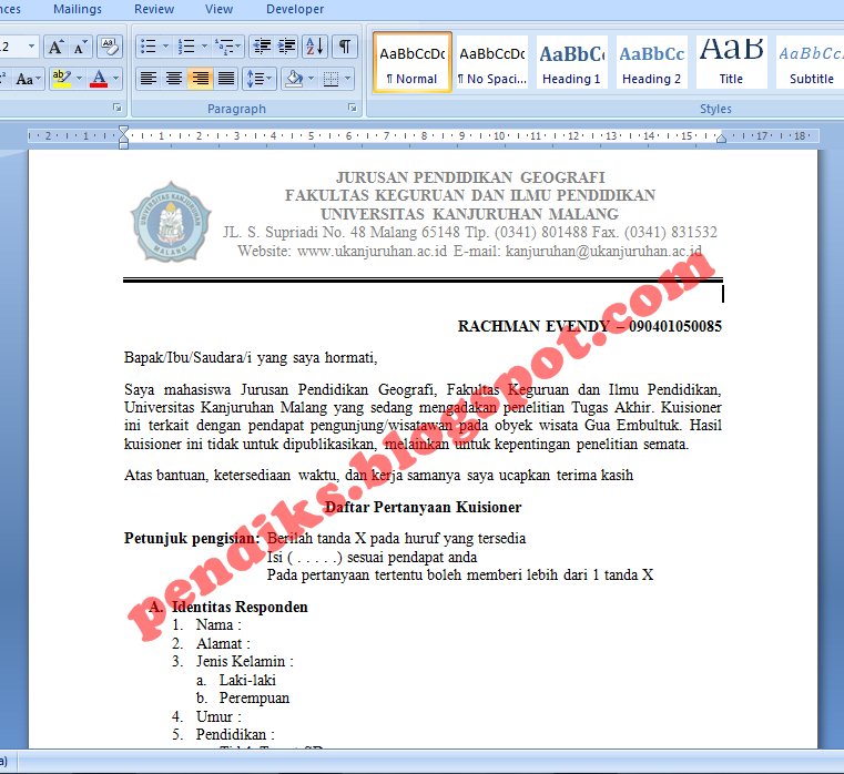 Contoh Angket Penelitian (Kuisioner) - RACHEVE