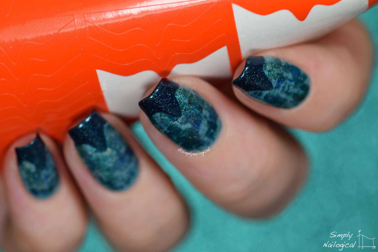 Simply Nailogical: Teal holo dry brush with fancy chevron tip