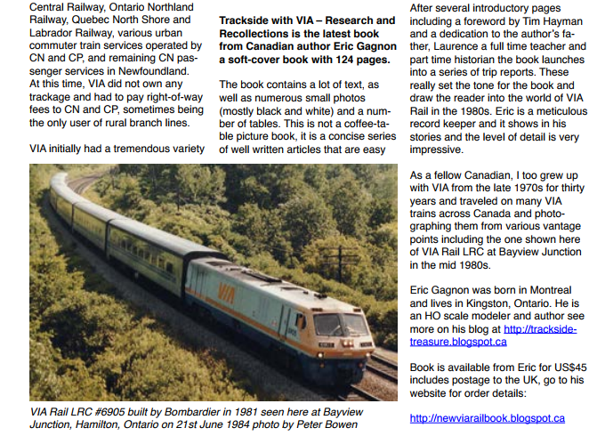 NEW VIA RAIL BOOK: Great Britain, great review