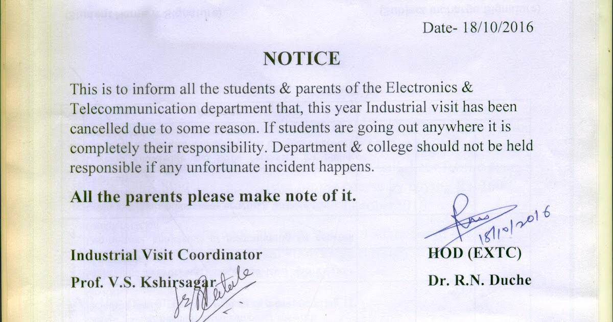 EXTC Department: NOTICE REGARDING INDUSTRIAL VISIT