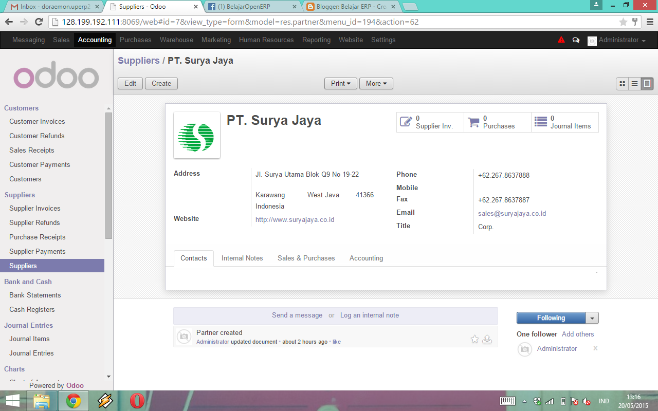 Belajar ERP: Tugas 6 : Membuat Master Data di Odoo 8