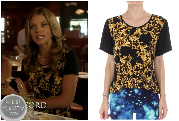 90210: Season 5 Episode 4 Naomi's Black and Gold Baroque Print Top ...