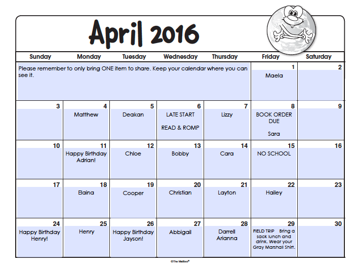 Mrs. Lazar's First Grade 1B: April Show & Tell Calendar