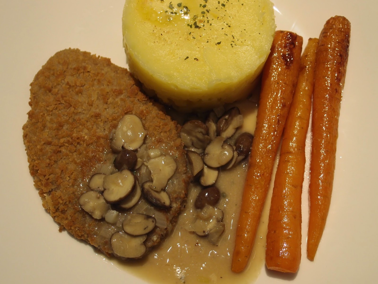 The VegHog: Vegan Schnitzel with potato mash, roasted baby carrots and ...