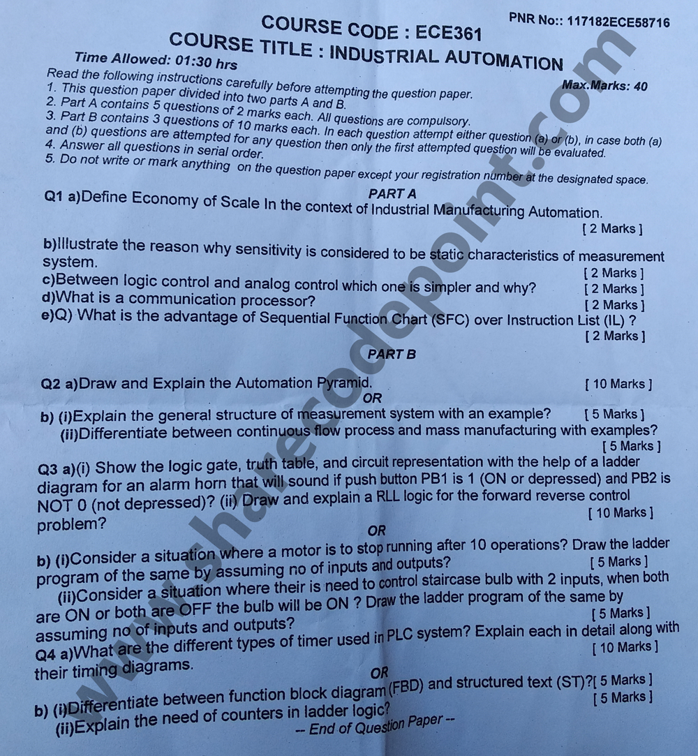 ECE361 : Industrial Automation Mid Term Exam Question Paper - ECE 361 ...